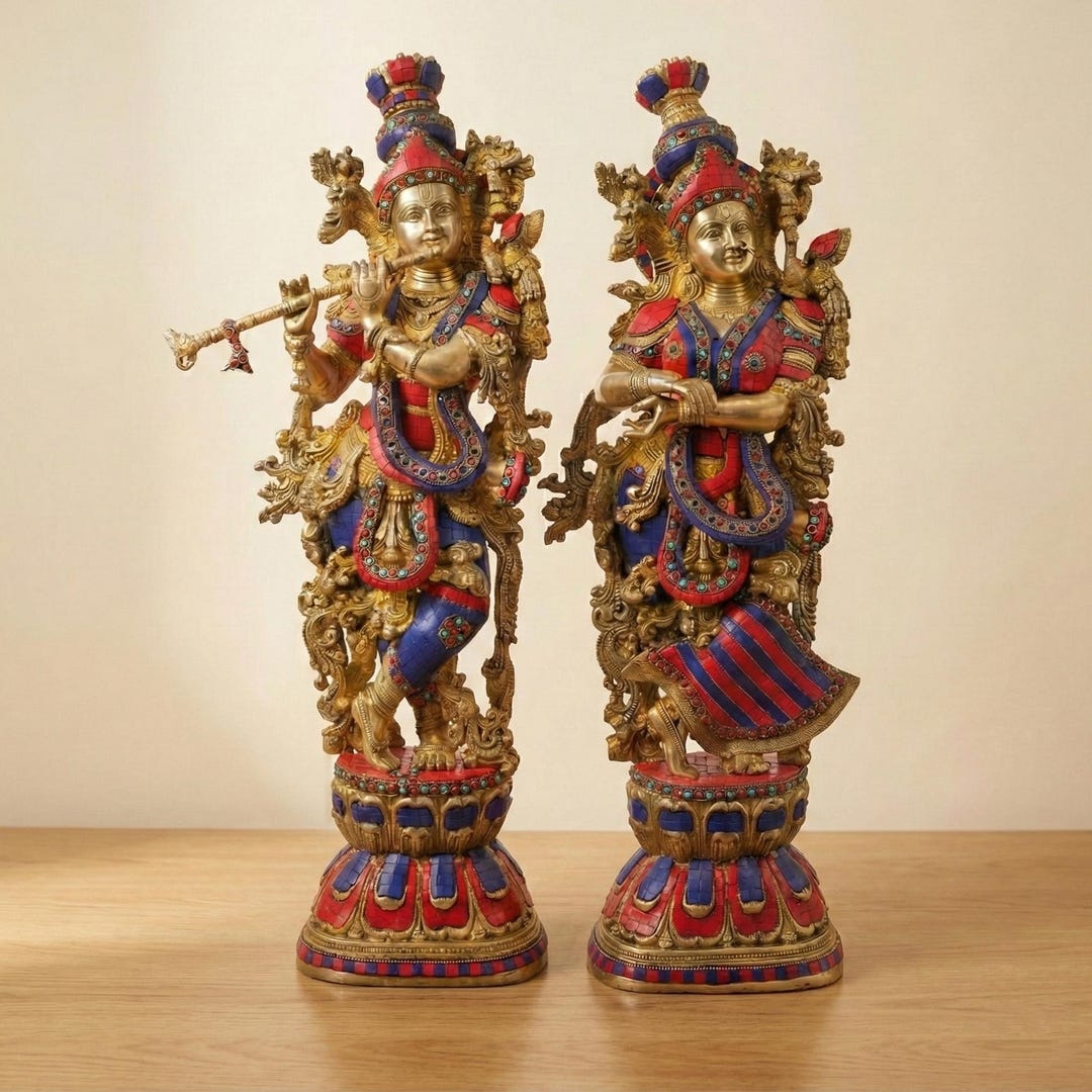 Brass Radha Krishna Standing Couple Statue With Multicolor Stone Murti ...