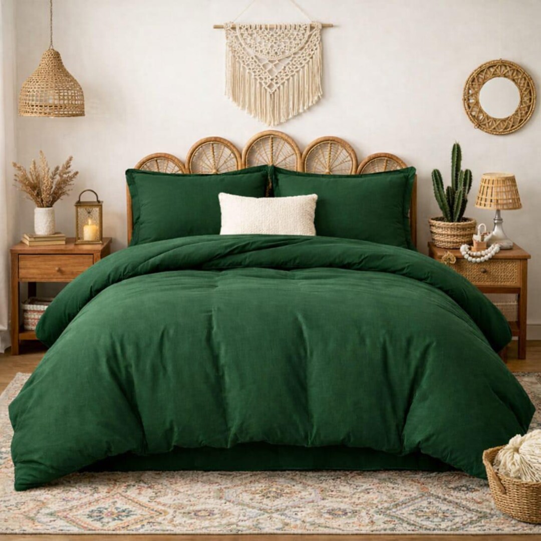 Forest Green Linen Duvet Cover Set – Boho Bedding With Pillow Shams - Etsy