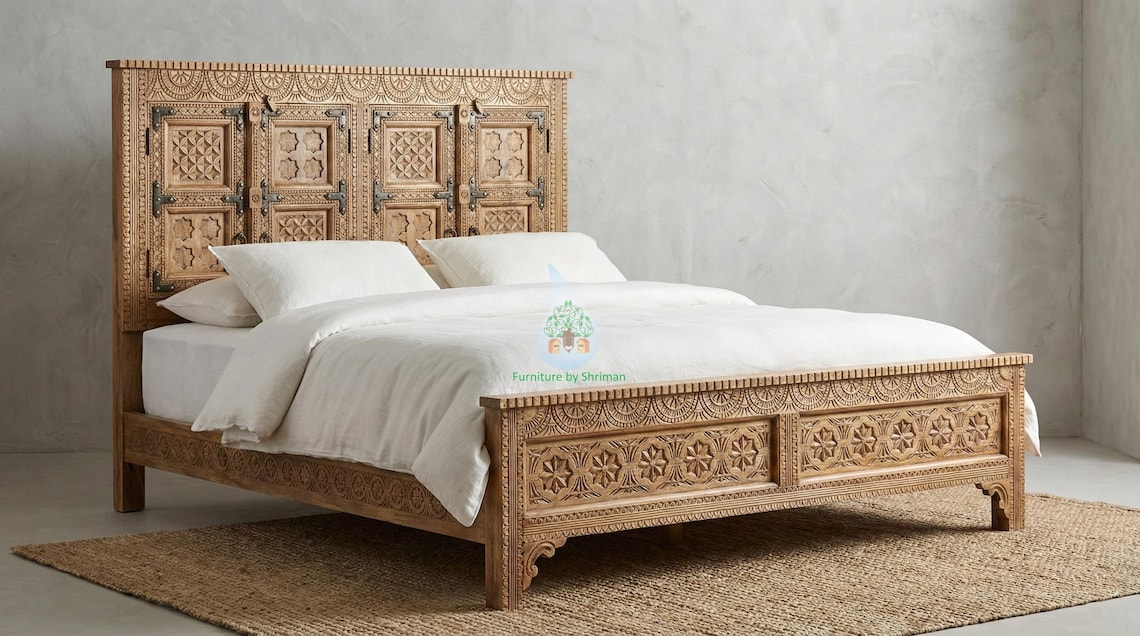 Hand Carved Solid Wood Bed Frame – Rustic Boho Haveli Style With Iron ...