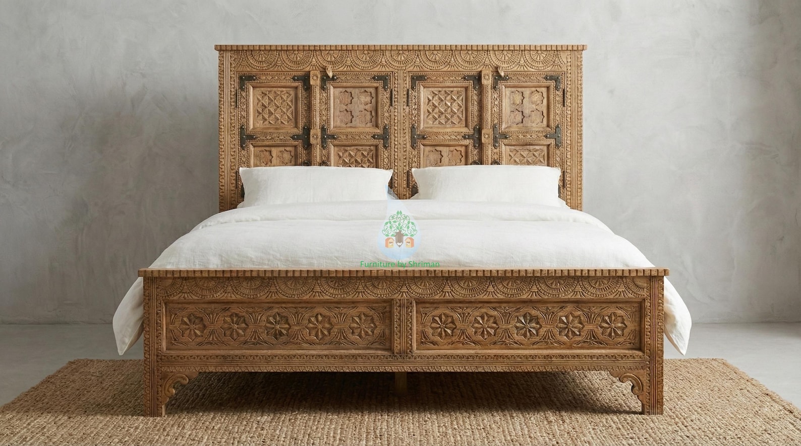 Hand Carved Solid Wood Bed Frame – Rustic Boho Haveli Style With Iron ...