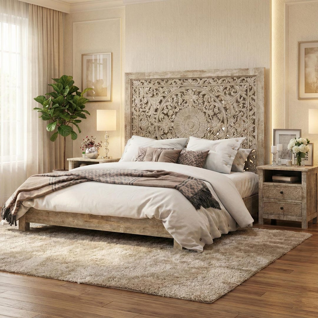 Hand-carved Whitewash Solid Wood Platform Bed, Mandala Headboard - Etsy