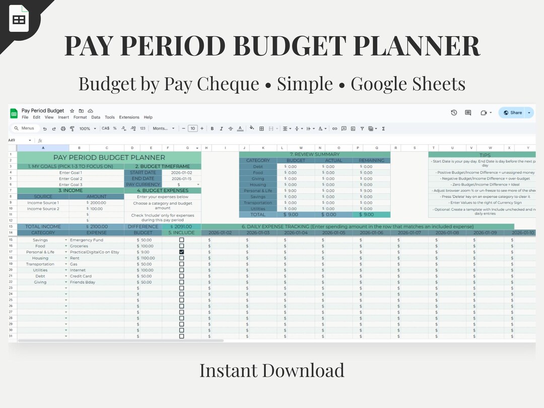 Simple Pay Period Budget Planner – Google Sheets Paycheck Budget & Pay ...