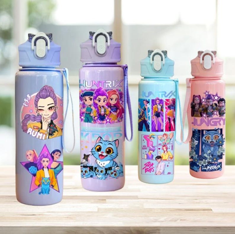 750ML Kpop Cartoon Gradient Water Bottle – Straw Cup for School, Office ...