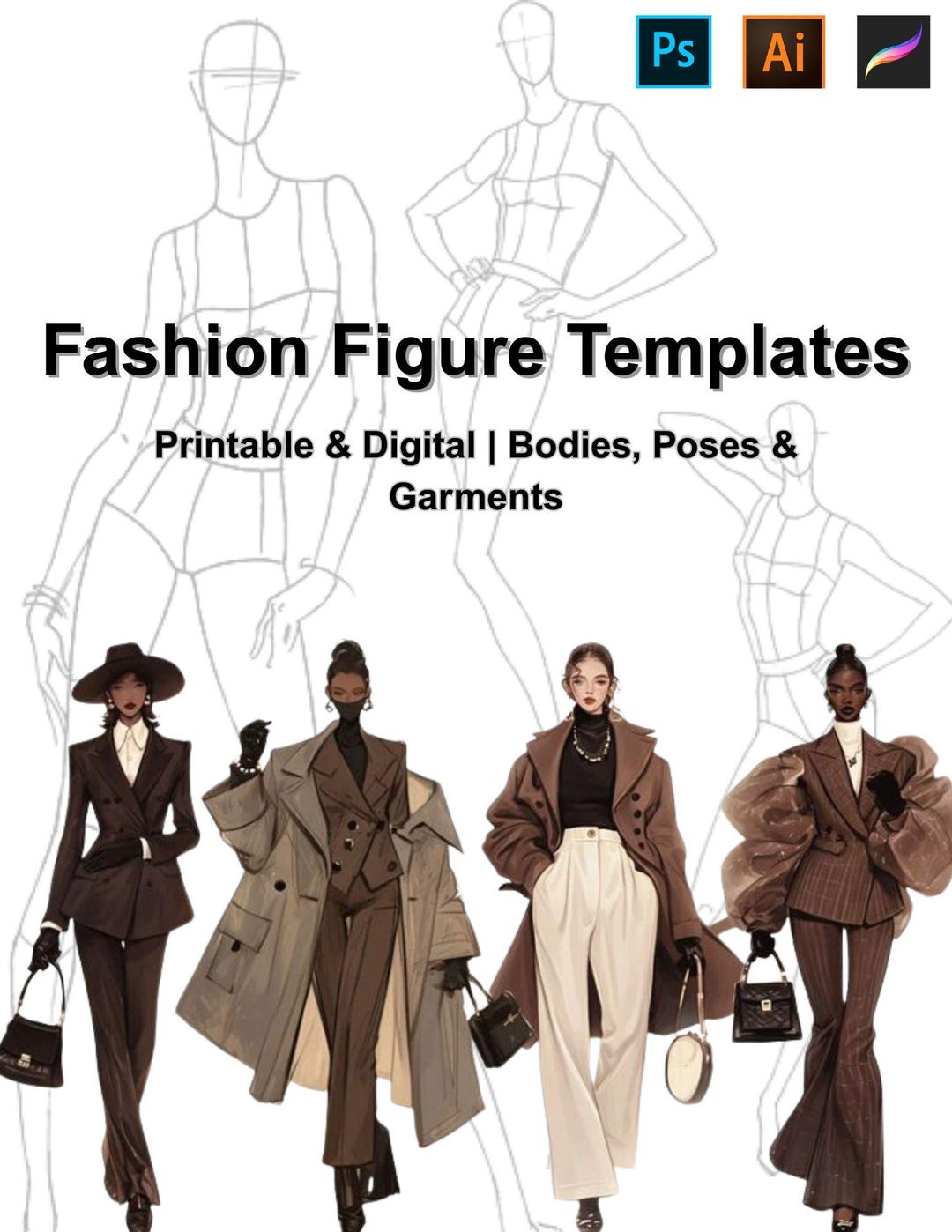 60 Fashion Figure & Garment Templates | 9-head Printable Croquis Bundle ...
