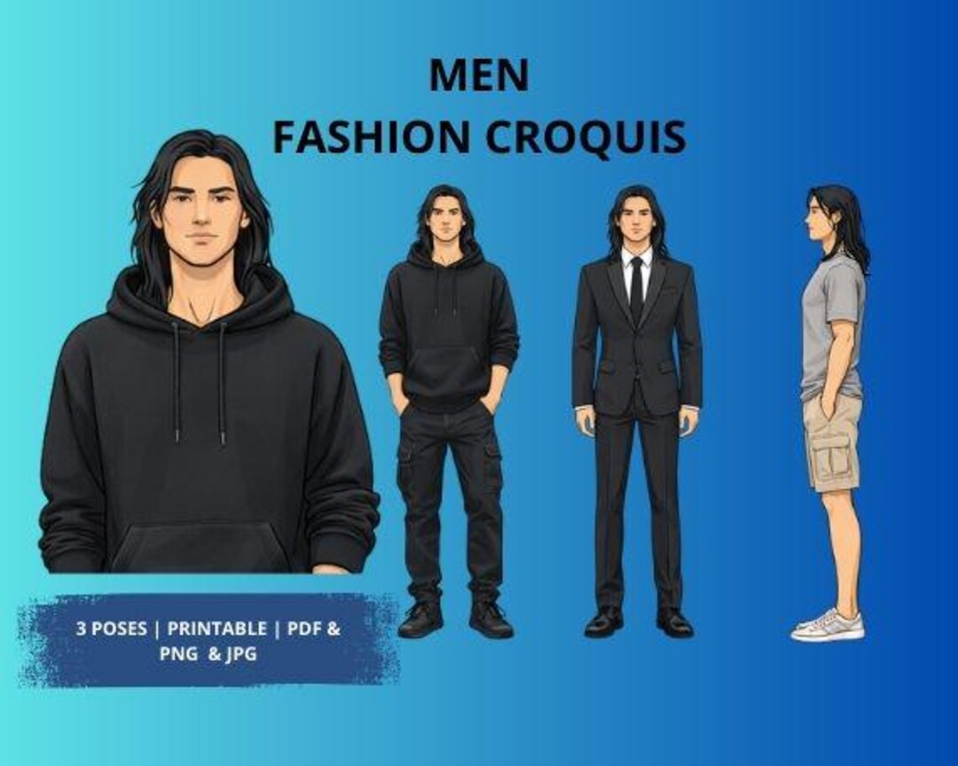 Long-haired Male Fashion Croquis Poses for Designers, Illustration ...