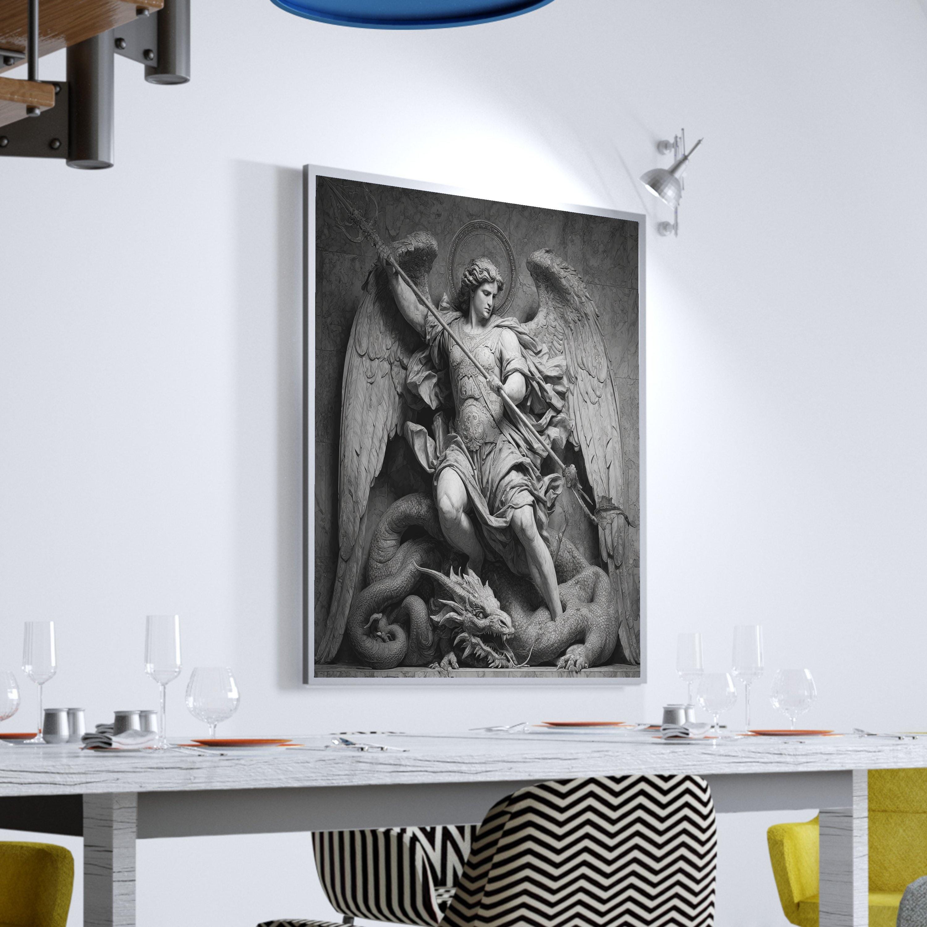 Archangel Michael Slaying Dragon Sculpture Canvas, Mythical Religious ...