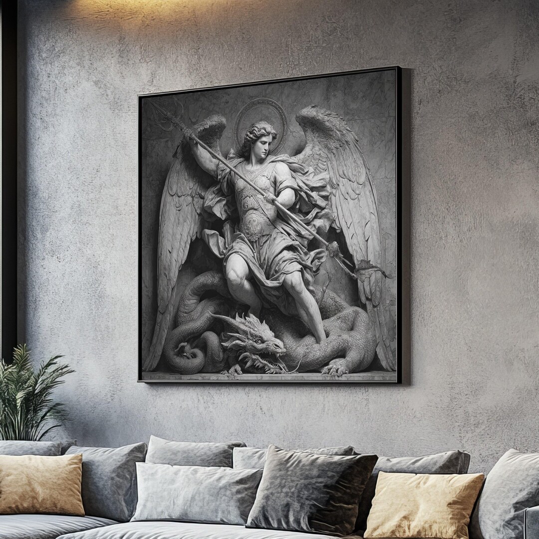 Archangel Michael Slaying Dragon Sculpture Canvas, Mythical Religious ...