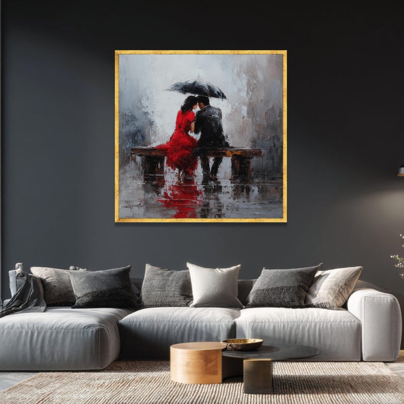 Romantic Couple Under Umbrella Canvas, Red Dress Love Painting ...