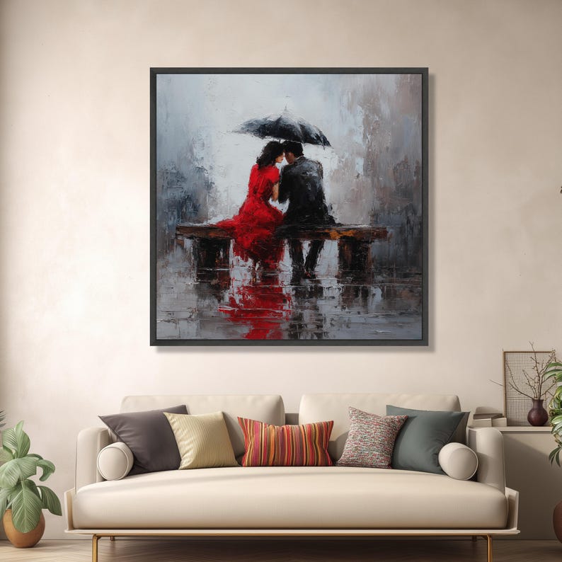 Romantic Couple Under Umbrella Canvas, Red Dress Love Painting ...