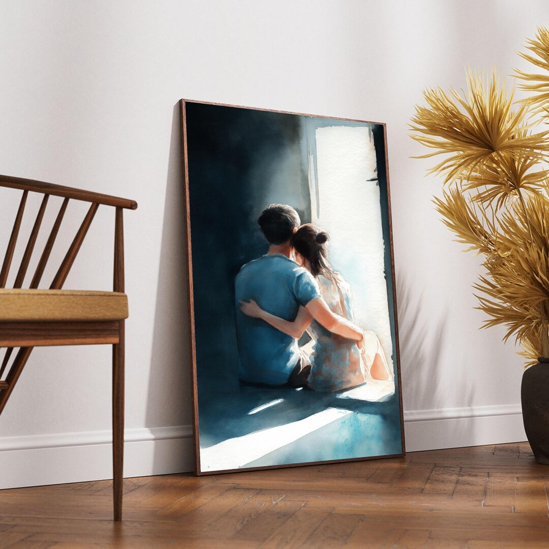 Romantic Couple Embrace Canvas, Valentines Day Wall Art, Watercolor ...