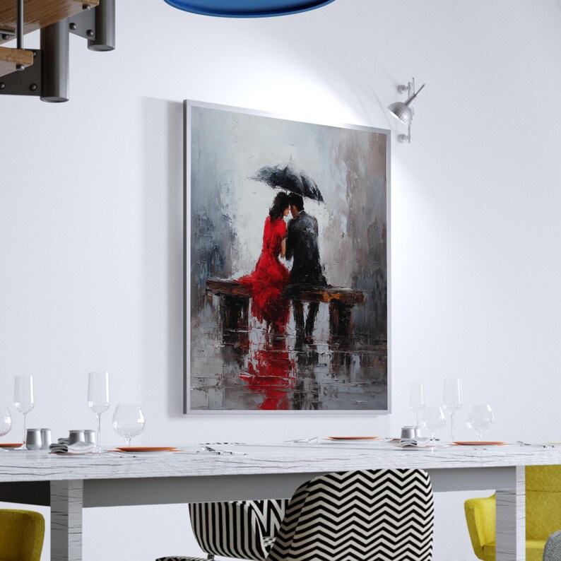Romantic Couple Under Umbrella Canvas, Red Dress Love Painting ...