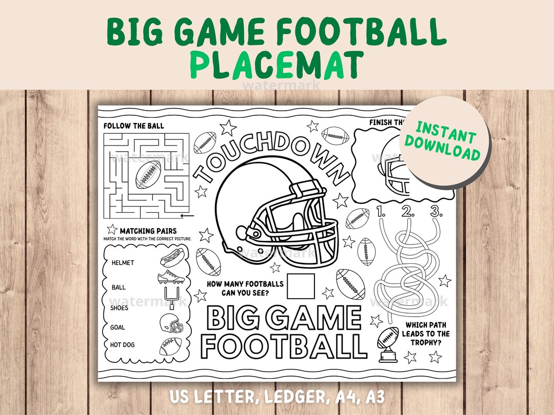 Big Game Football Placemat Printable for Kids Activity Match American ...