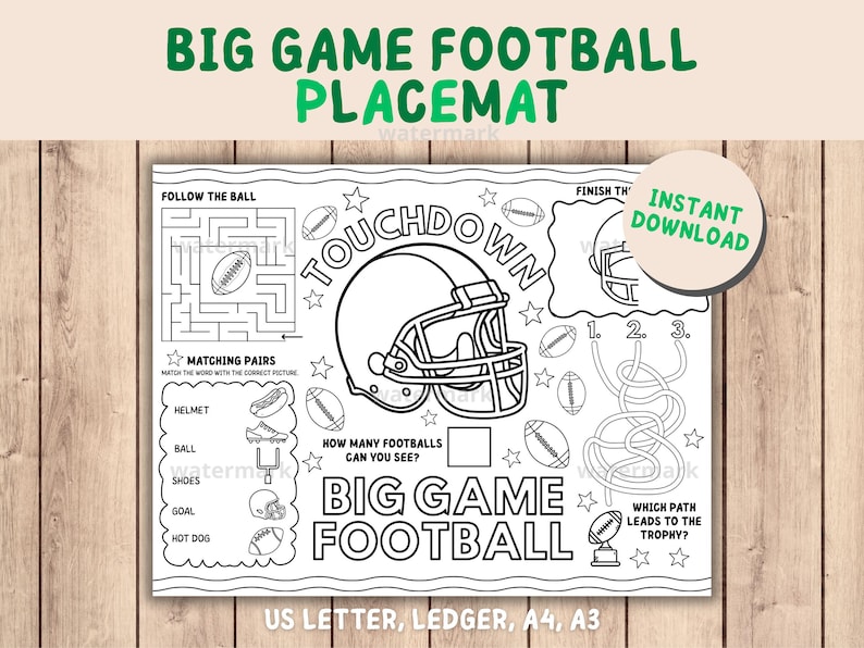 Big Game Football Placemat Printable for Kids Activity Match American ...