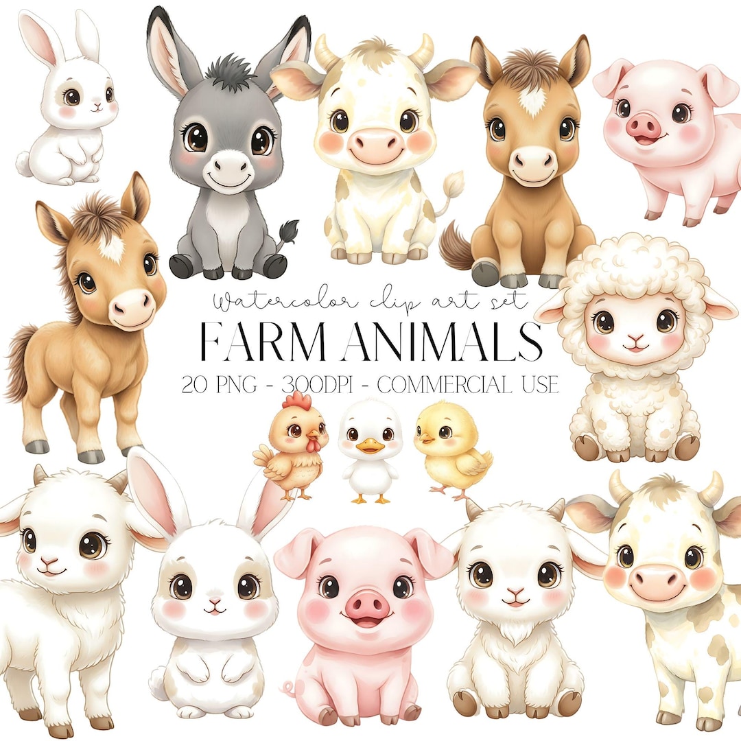Cute Farm Animals Watercolor Clipart for Kids, Nursery Decor, Birthday ...