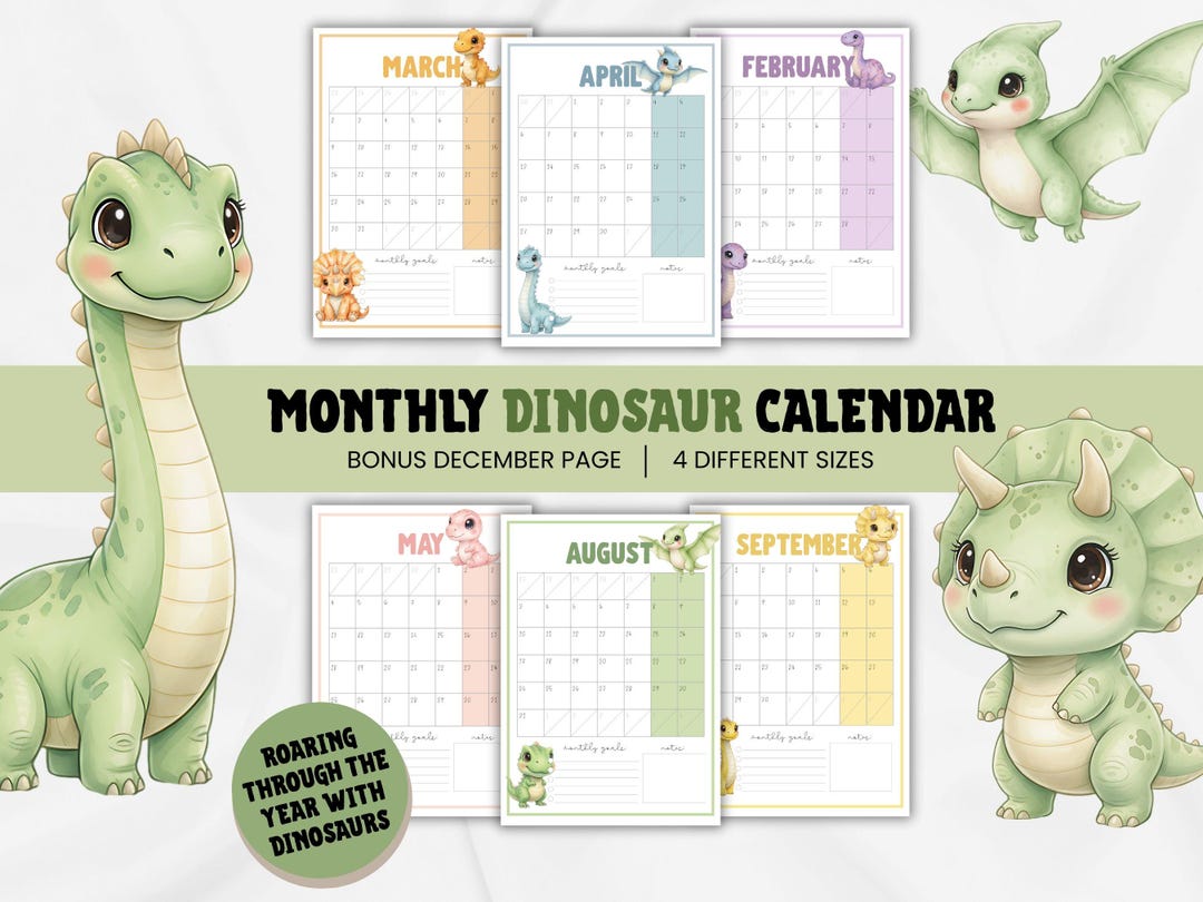 Dinosaur Kids Calendar Printable, Monthly Dinosaur Calendar for ...
