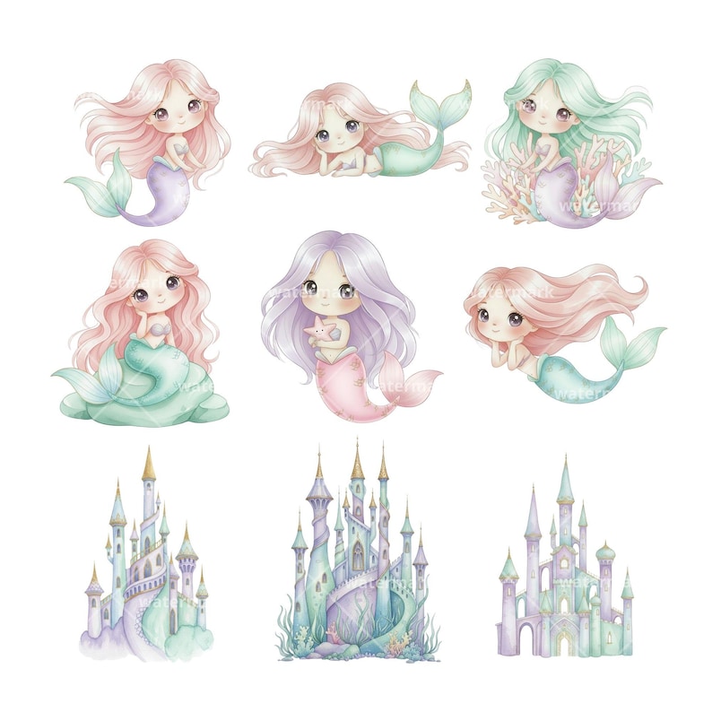 Cute Mermaid Clipart Watercolor PNG Sea Animals Castle Mermaid Tails ...