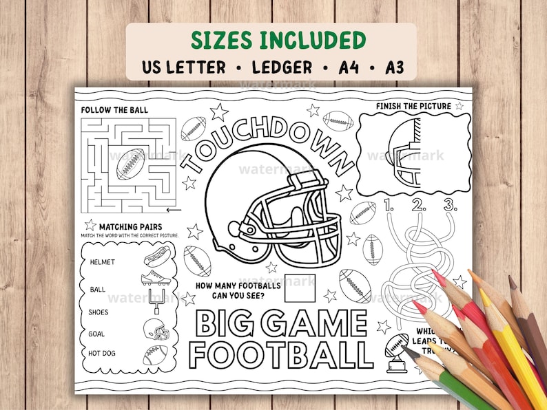 Big Game Football Placemat Printable for Kids Activity Match American ...