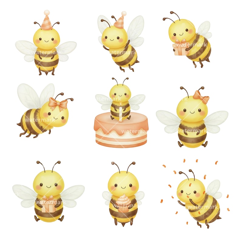 Birthday Bees Watercolor Clipart PNG for Birthday Invitations, Party ...