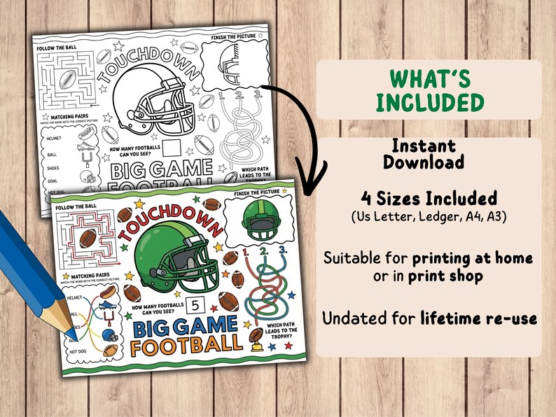 Big Game Football Placemat Printable for Kids Activity Match American ...