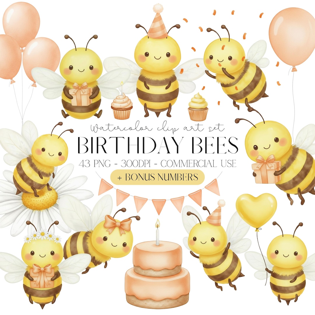Birthday Bees Watercolor Clipart PNG for Birthday Invitations, Party ...