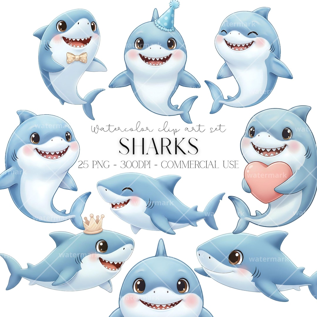Baby Sharks Watercolor Clipart for Kids, Ocean Nursery Decor, Shark ...