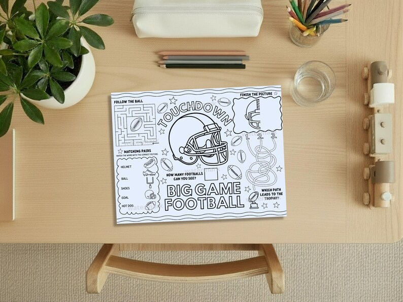 Big Game Football Placemat Printable for Kids Activity Match American ...