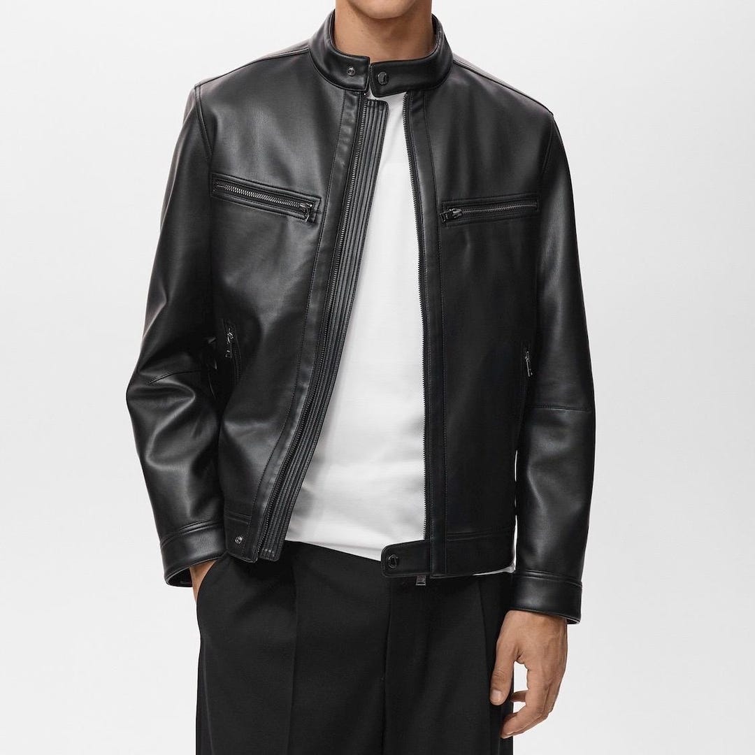 Men’s Black Multi-pocket Leather Moto Jacket - Slim Fit Café Racer With ...