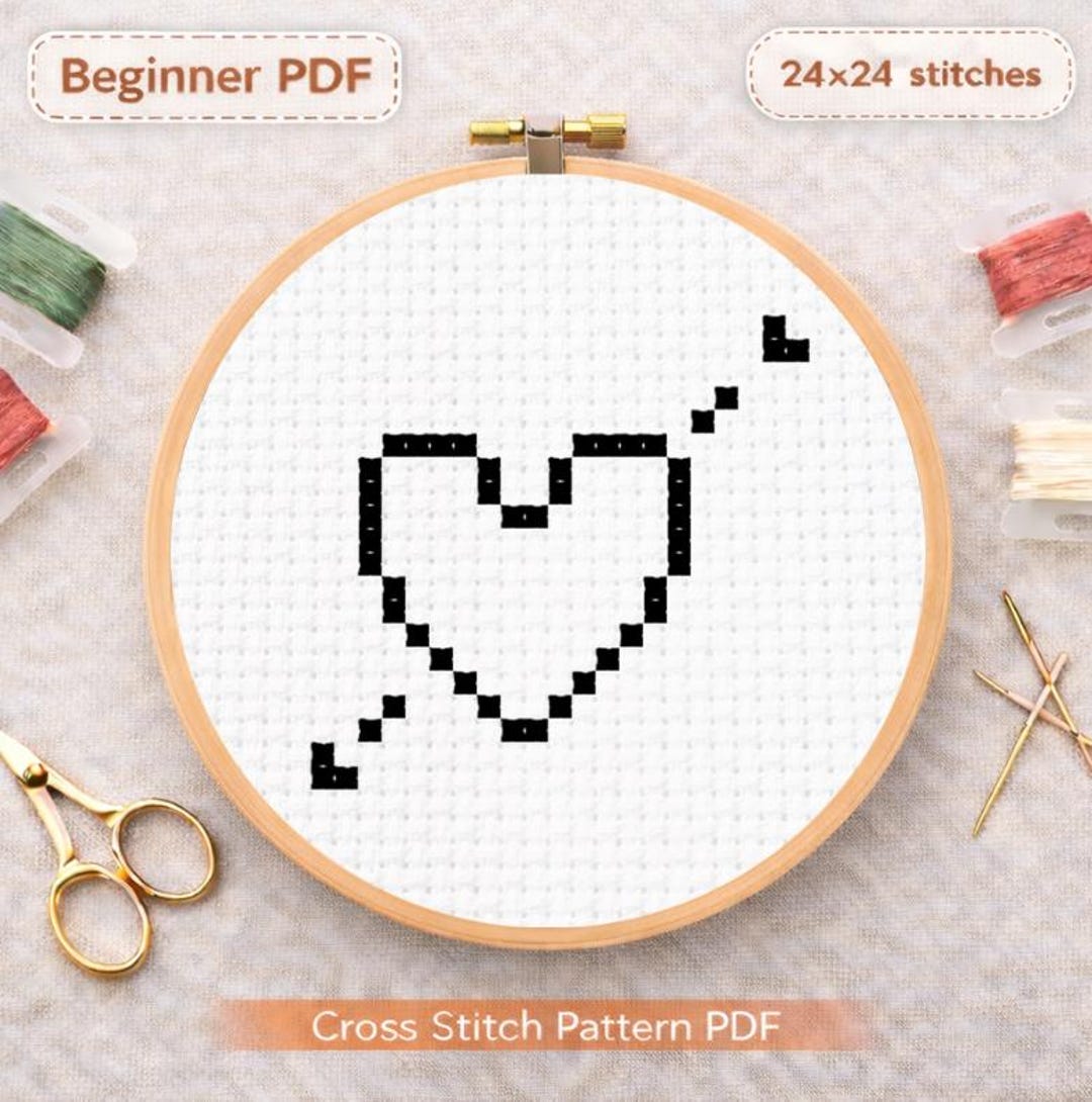 Heart Arrow Cross Stitch Pattern PDF | 24x24 Minimal One Color Design ...