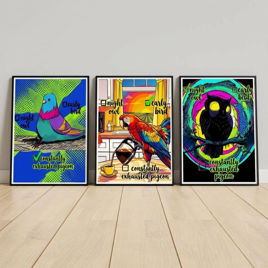Pigeon Poster Inspirational Wallart Funny Set Three Bird Posters Early ...