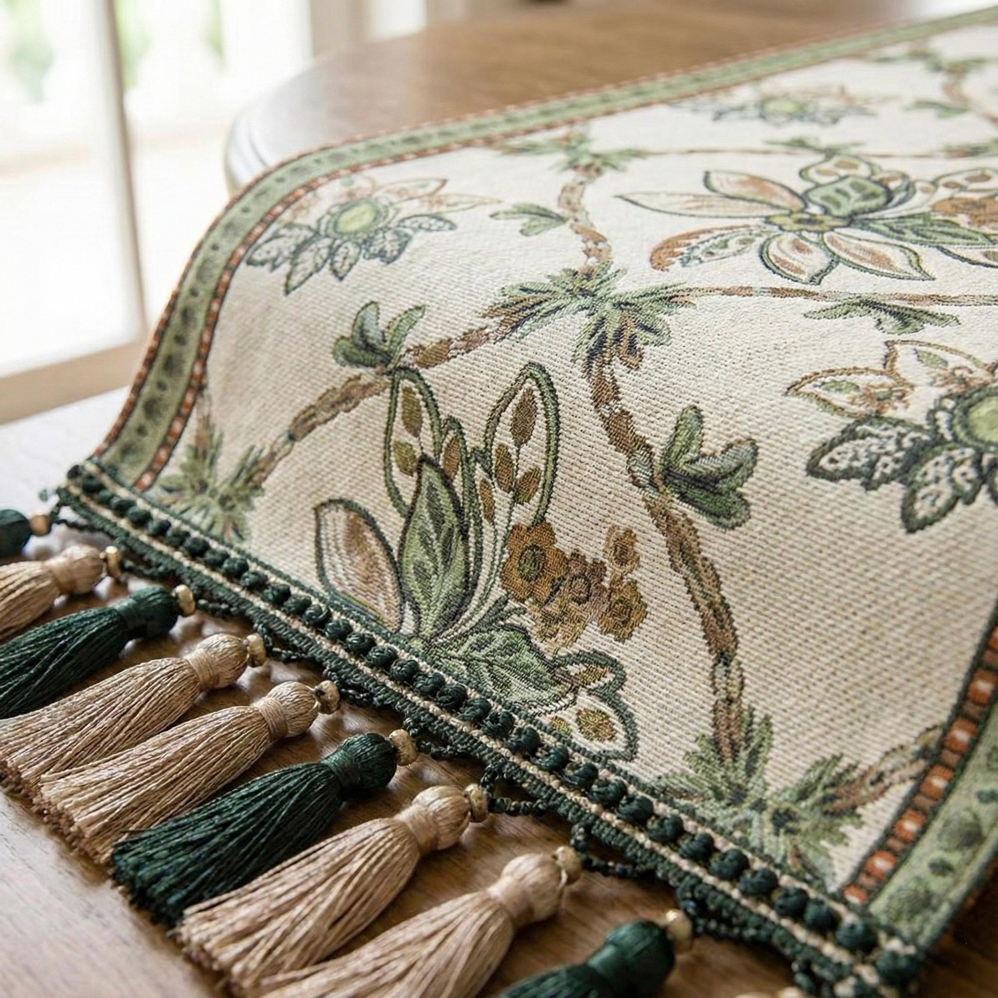 European Vintage Jacquard Table Runner | Green Pastoral Floral Pattern ...