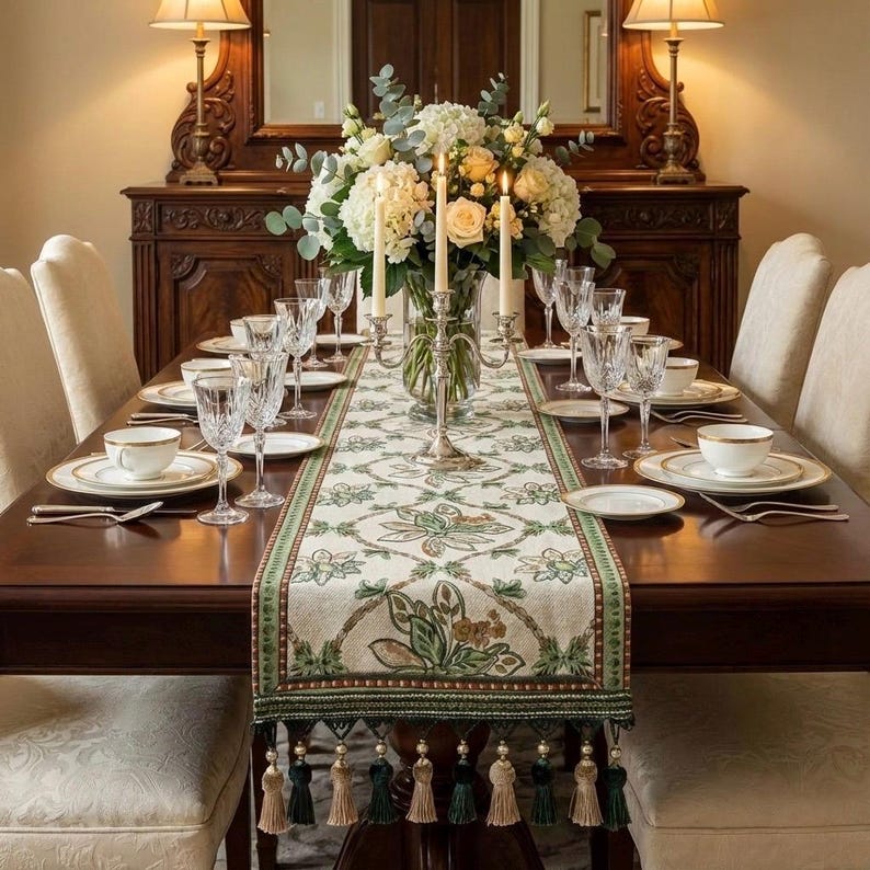 European Vintage Jacquard Table Runner | Green Pastoral Floral Pattern ...