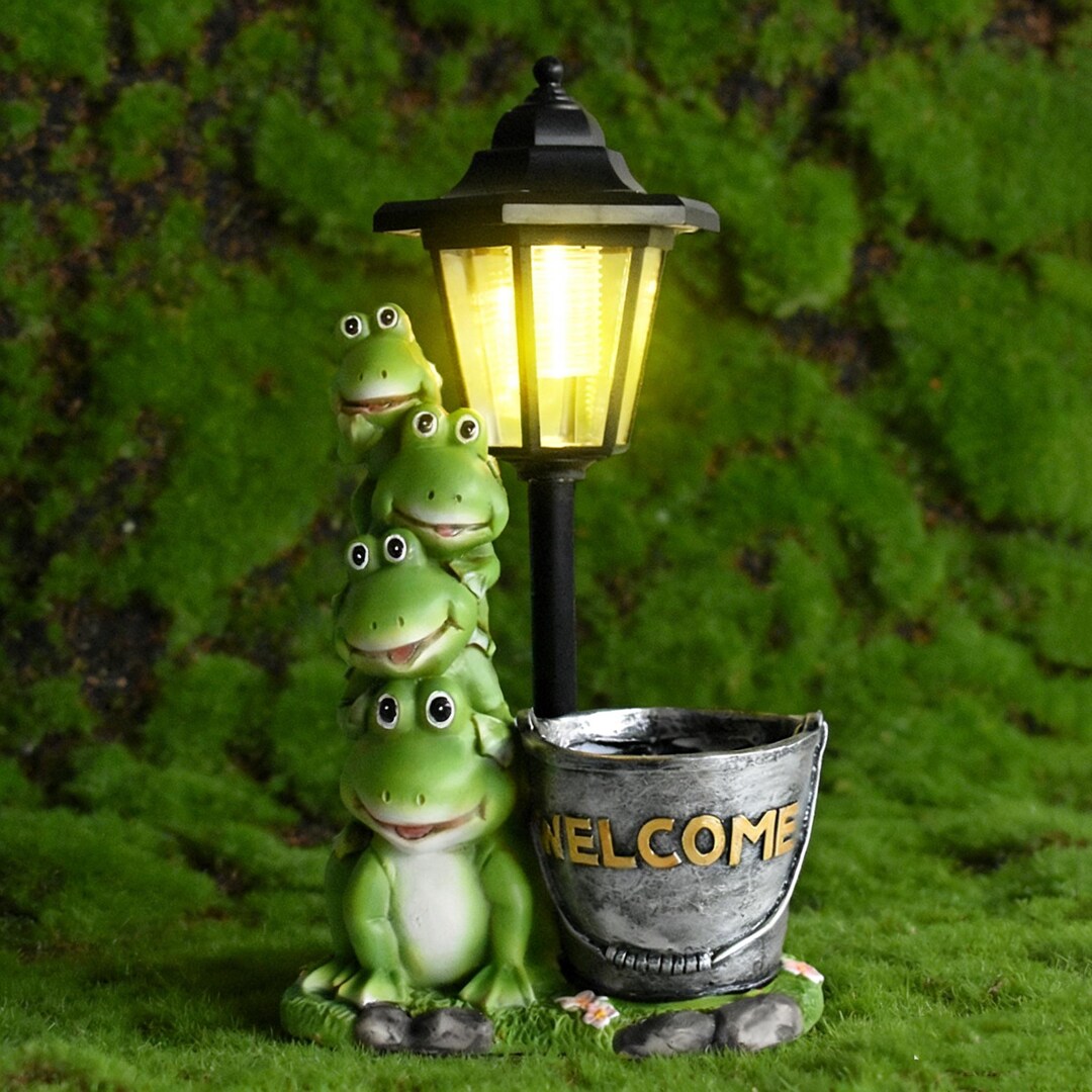 Frogs Resin Statue Welcome Sign With Solar Light, Whimsical Garden ...