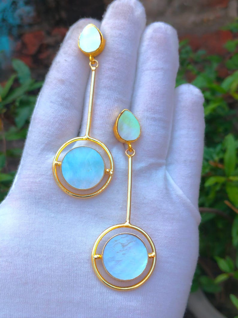 18K Gold Plated Geometric Blue Stone Drop Earrings, Elegant Dangle ...