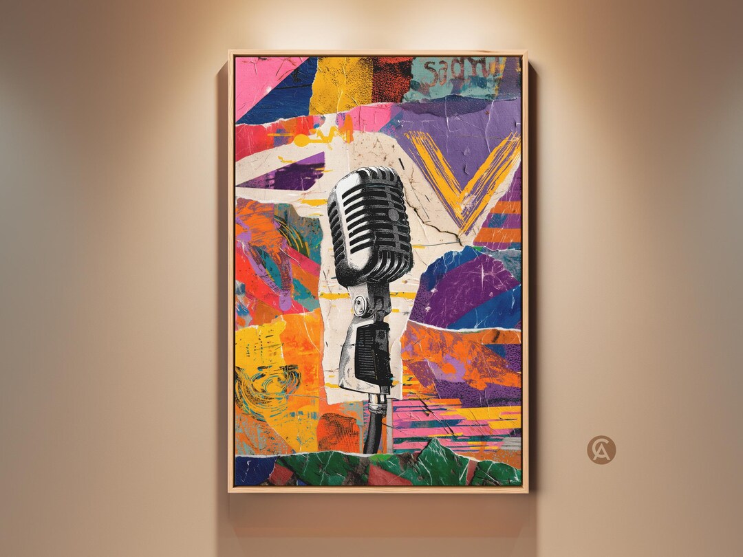 Retro Microphone Collage Wall Art, Urban Music Art Print, Eclectic Home ...