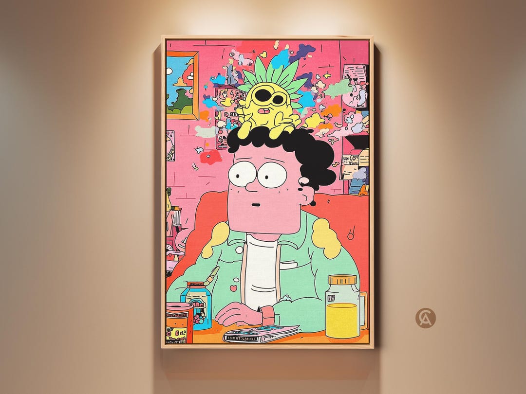 Surreal Cartoon Character Art Print, Pink Teal Pineapple Creature Wall ...