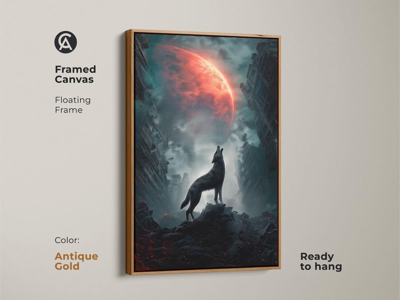 Wolf Howling at Crimson Moon Canvas Print, Surreal Fantasy Art, Sci-fi ...