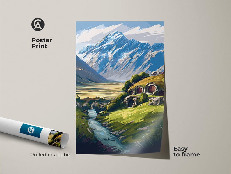 Hobbit Hole Art Print, Fantasy Landscape Wall Art, Mountain & River ...