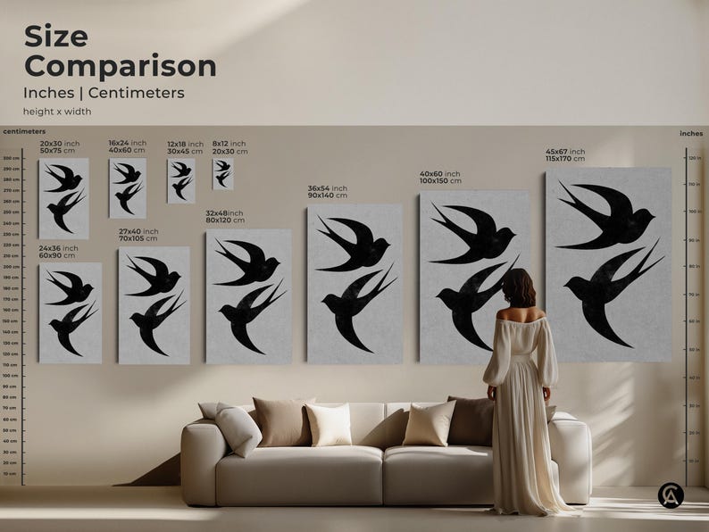 Minimalist Bird Wall Art, Flying Swallows Print, Black and White Canvas ...