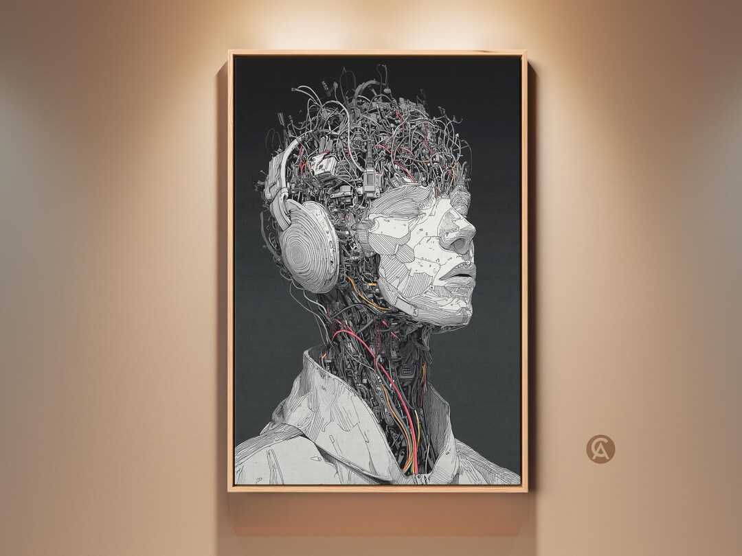 Cyberpunk Wall Art - Abstract Tech Head Print - Headphones & Cables ...