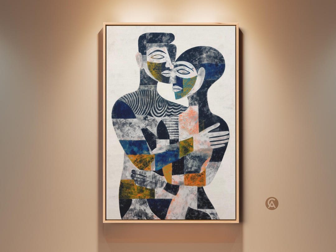 Couple Embrace Wall Art, Abstract Figurative Print, Indigo & Orange ...