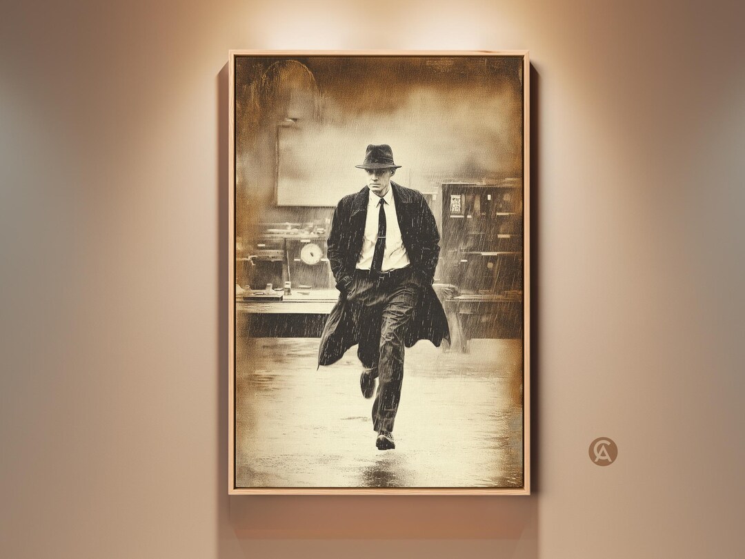 Film Noir Detective Running in Rain Canvas Art Print, Vintage Sepia ...