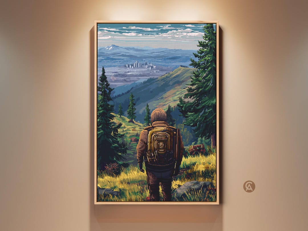 Pixel Art Landscape Wall Art, Hiker Cityscape Print, Retro Adventure ...
