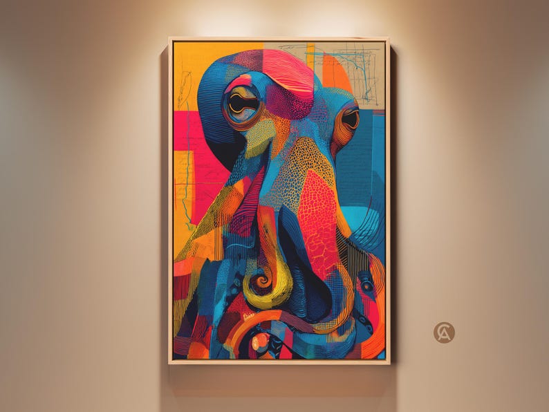 Abstract Octopus Wall Art, Surreal Animal Print, Orange Blue Eclectic ...