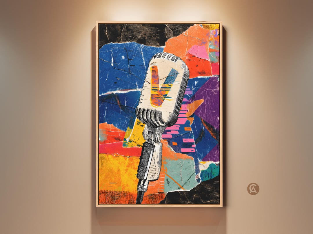 Retro Microphone Collage Art Print, Vintage Music Wall Art, Torn Paper ...