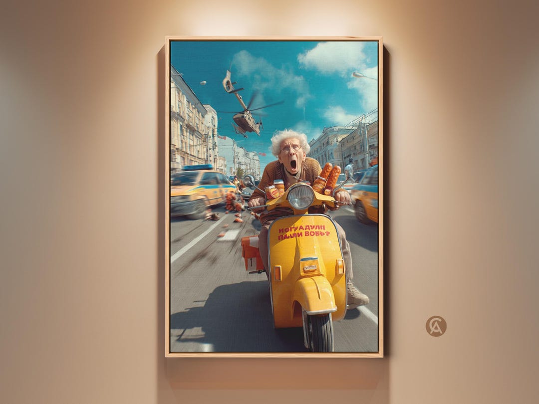Elderly Woman Scooter Art Print, Funny Grandmother Gift, Surreal City ...