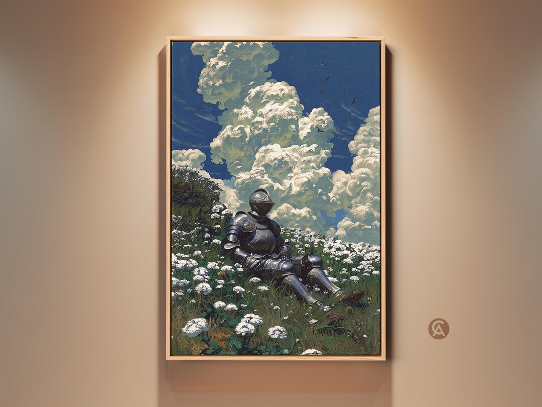 Knight in Armor Art Print, Fantasy Warrior Sitting in Field of Flowers ...