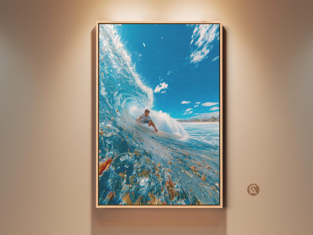 Ocean Wave Surfing Canvas Art Print, Coastal Wall Art, Action ...