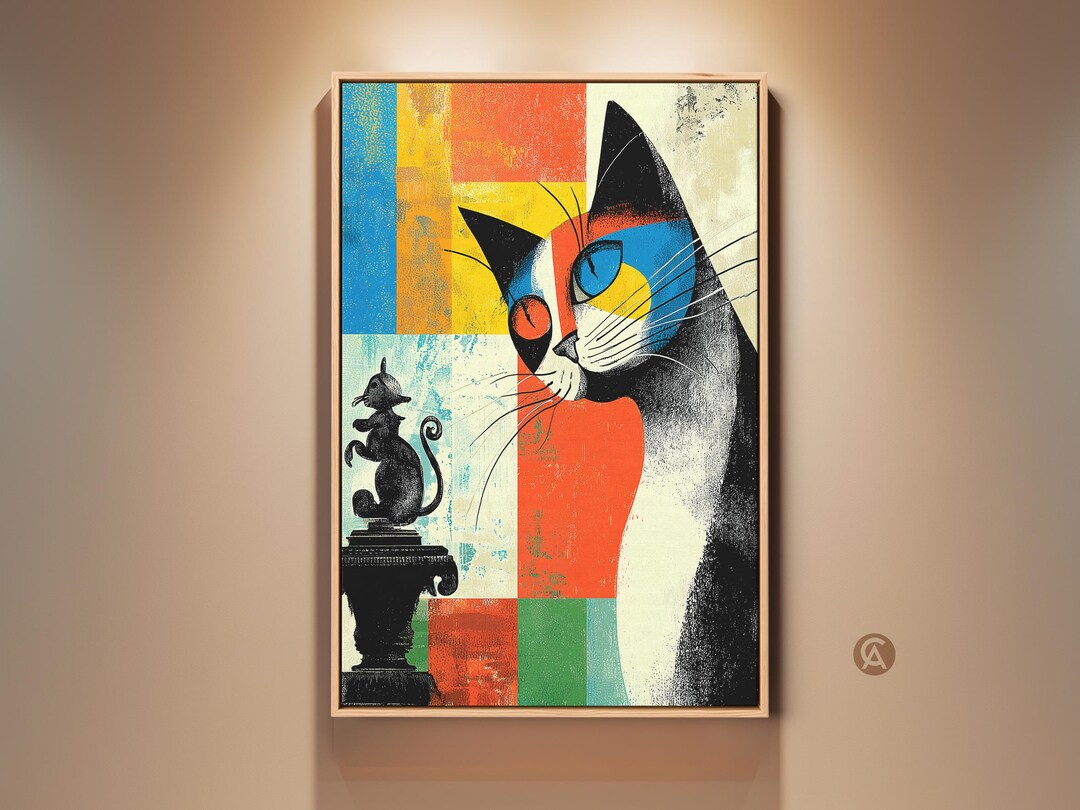 Mid-century Modern Cat Art Print, Abstract Expressionist Wall Art, Blue ...