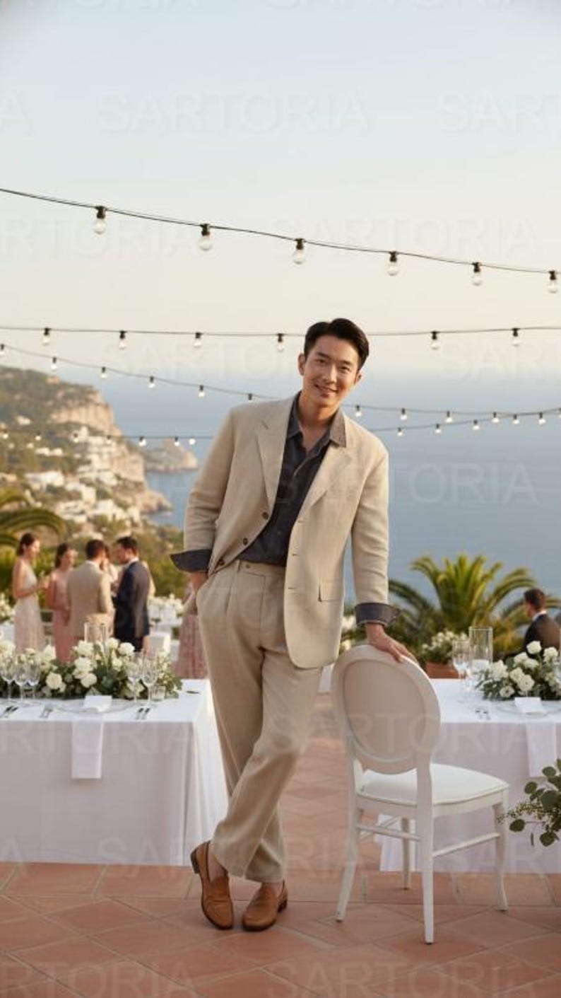 SARTORIA Men's Linen Two Piece Suit – Sand Beige Slim Fit, Unstructured ...