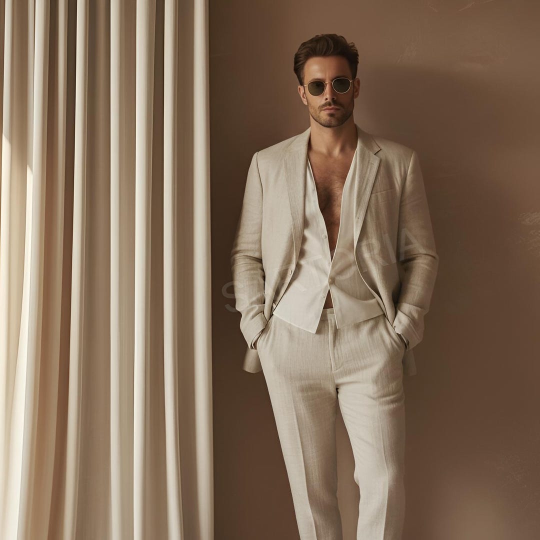 Men’s Premium French-style Sand Beige Linen Two-piece Suit ...